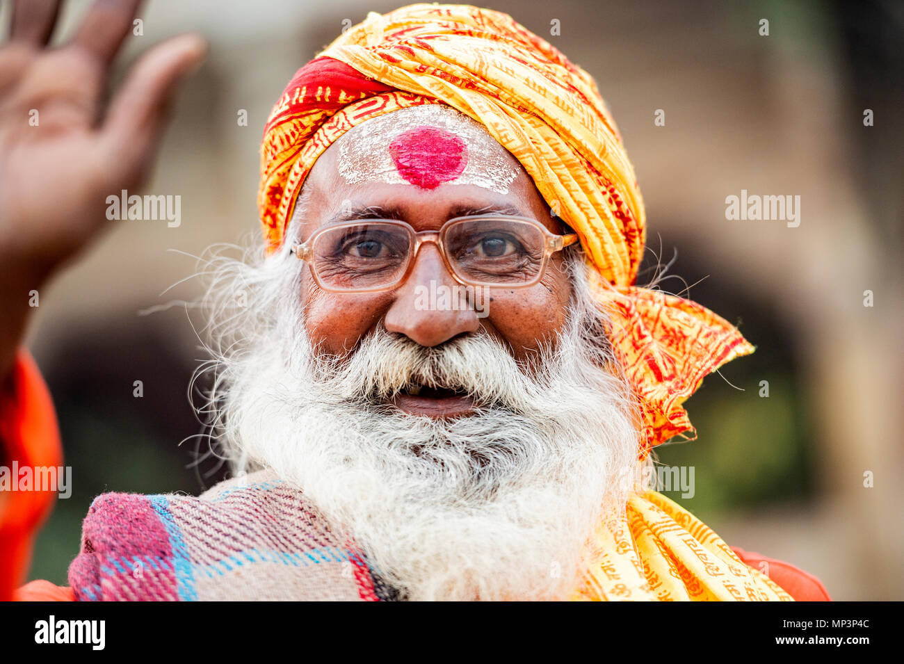 VARANASI - INDIA - 13 NOVEMBER 2017. A Sadhu is posing for a photo on ...
