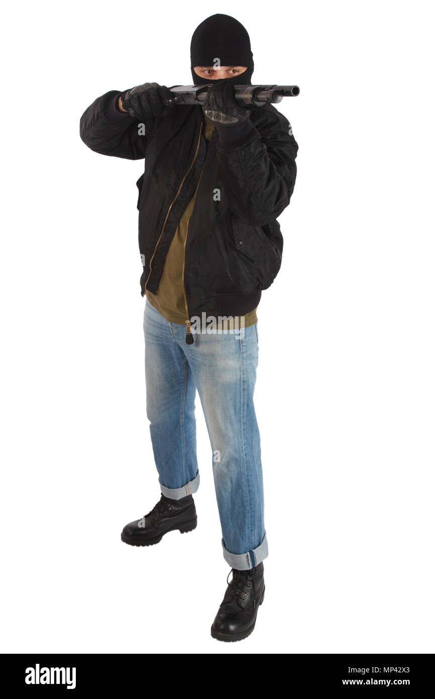 robber in black mask with shotgun isolated Stock Photo - Alamy