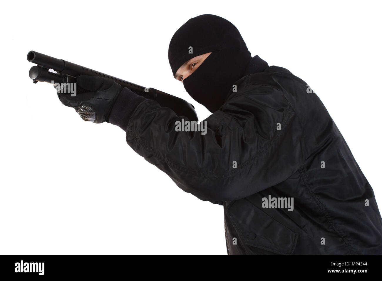 robber in black mask with shotgun isolated Stock Photo - Alamy