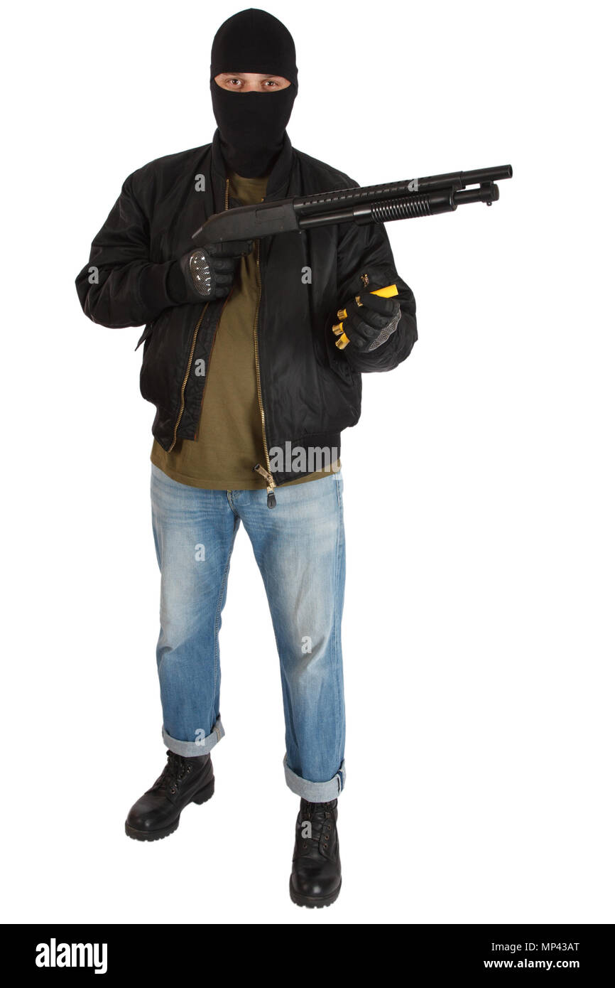 robber in black mask with shotgun isolated Stock Photo - Alamy