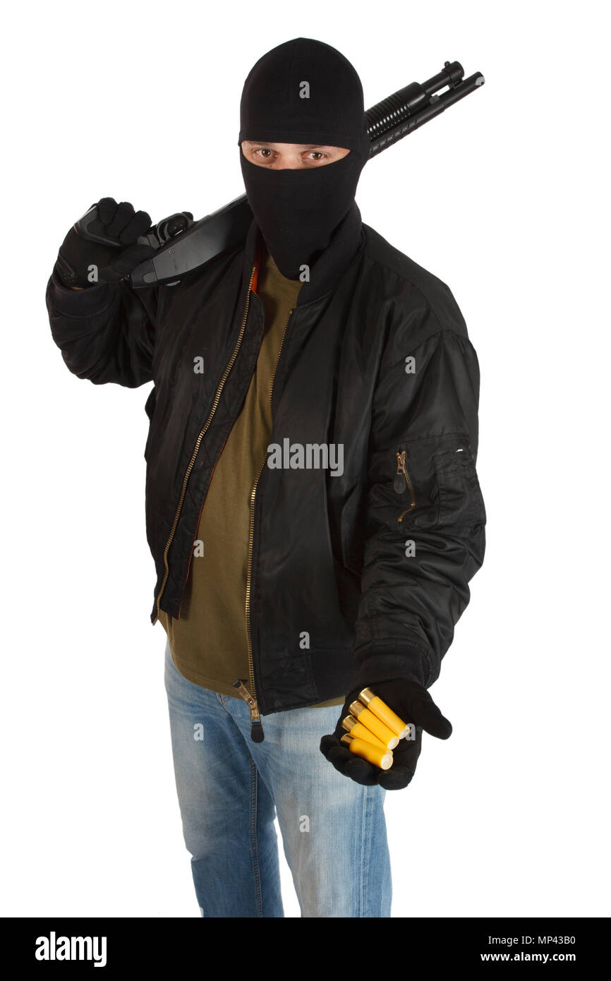 robber in black mask with shotgun isolated Stock Photo - Alamy