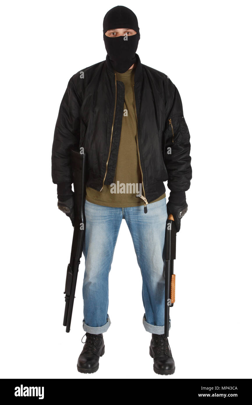 robber in black mask with shotgun isolated Stock Photo - Alamy