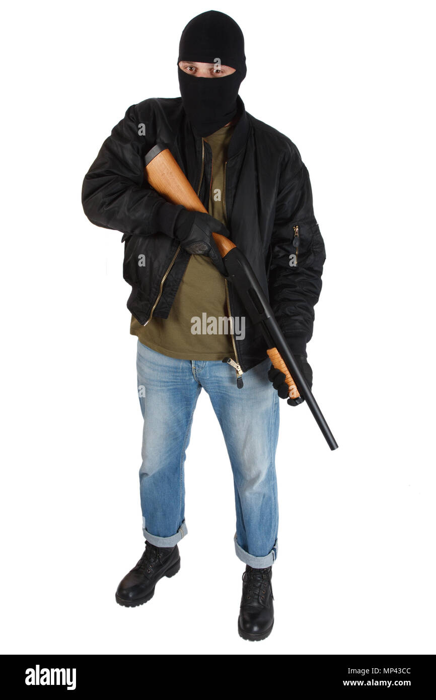 robber in black mask with shotgun isolated Stock Photo - Alamy