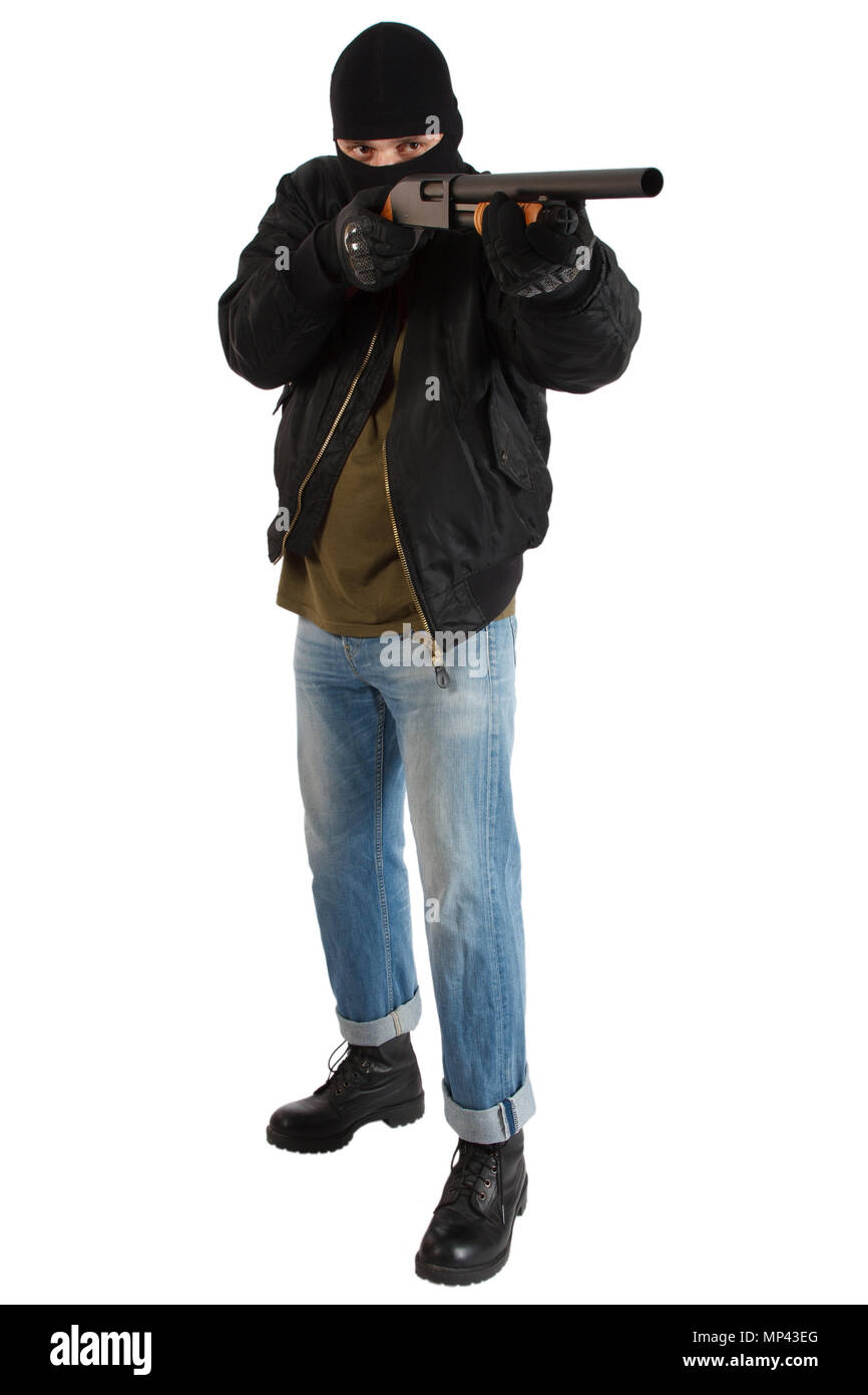 robber in black mask with shotgun isolated Stock Photo - Alamy