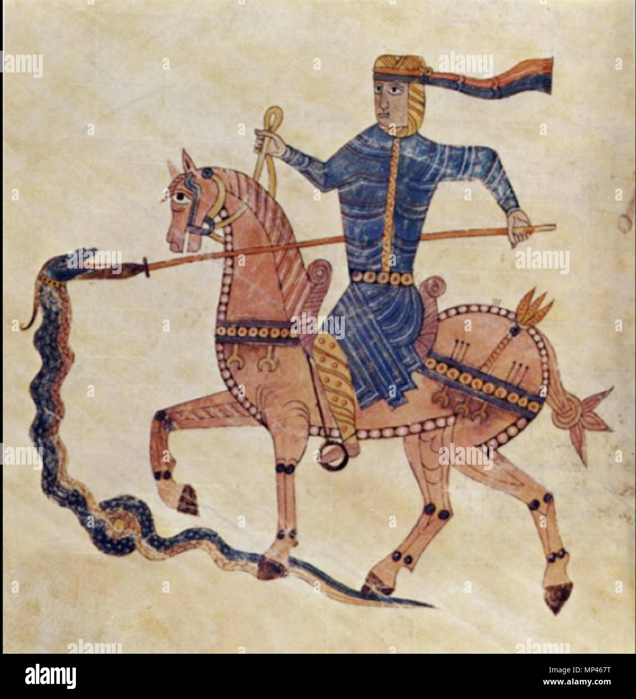 . English: Image of a mounted figure, in Islamic dress, spearing a ...
