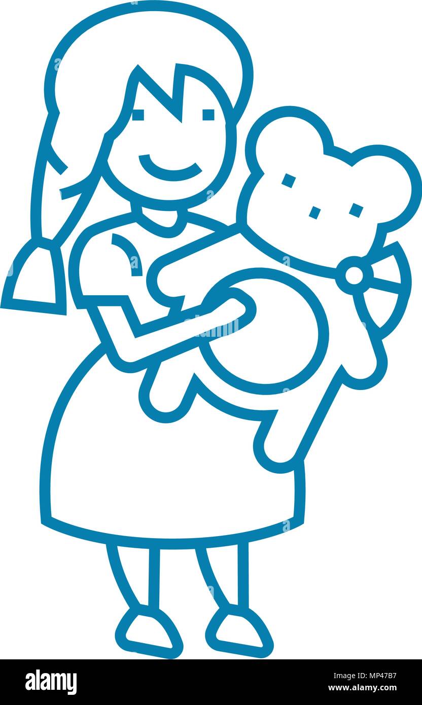 Playing with teddy linear icon concept. Playing with teddy line vector ...