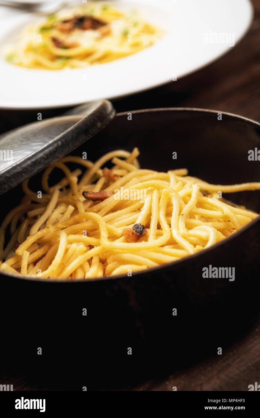 Italian cuisine pasta spaghetti ala carbora with egg, cheese parmasan ...