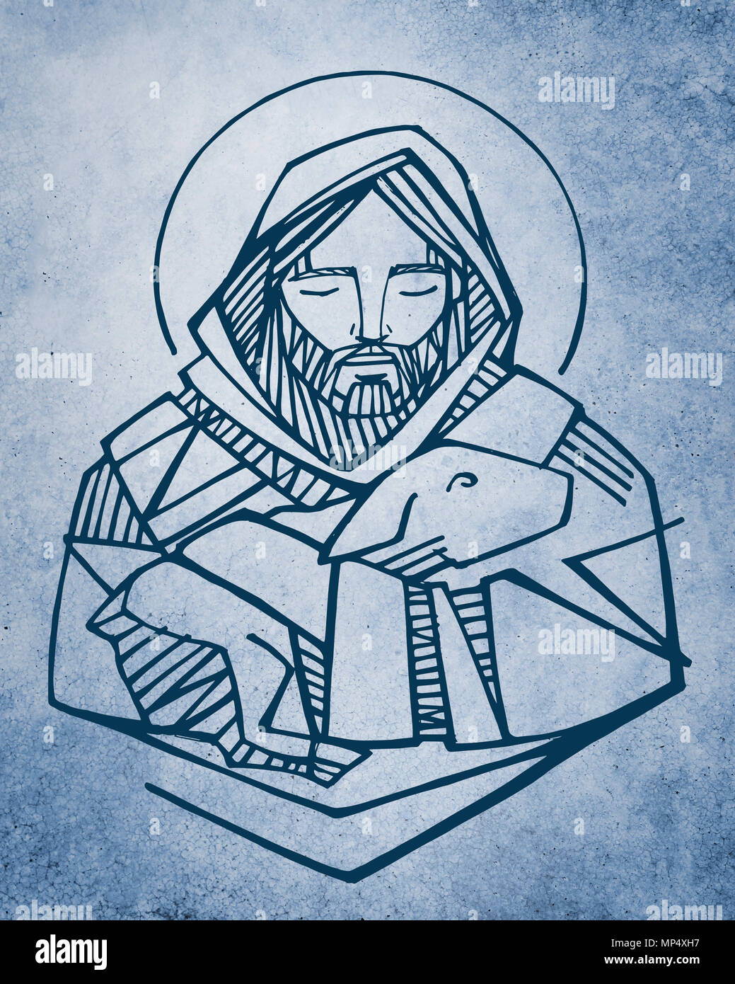 Hand drawn vector illustration or drawing of Jesus Christ Good Shepherd ...