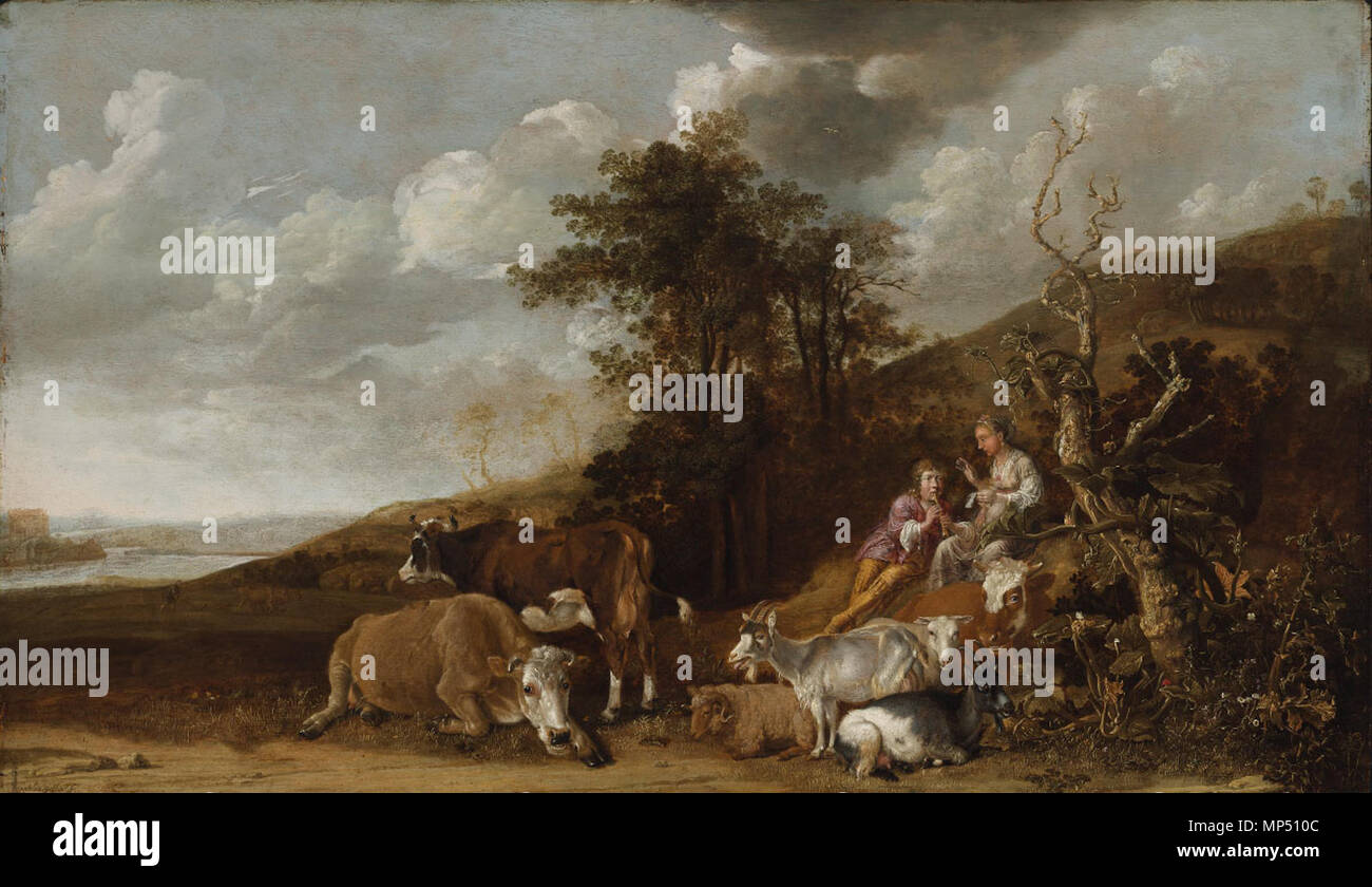English: Landscape with Shepherdess and Shepherd Playing Flute between ...