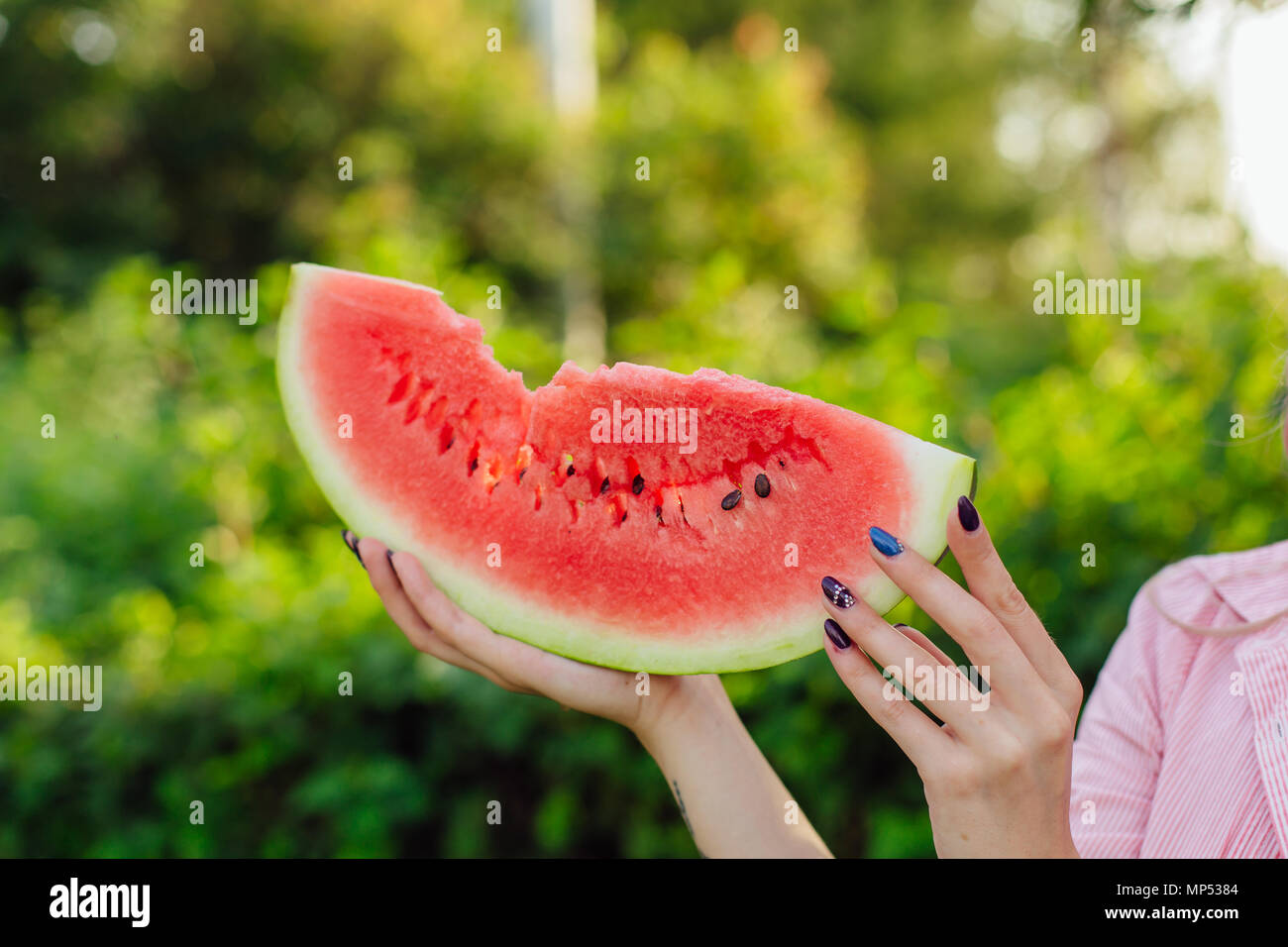 Close up watermelon in woman's hands Stock Photo - Alamy