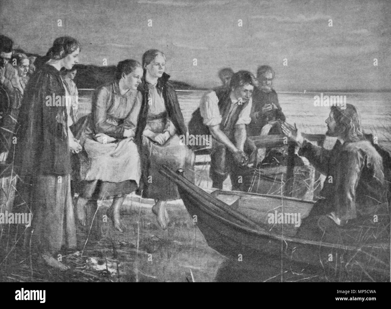 . English: Jesus preaching to contemporary youngsters. Black and white ...