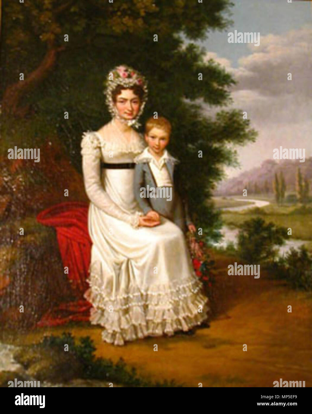 French: Portrait de jeune femme avec son fils sur fond de paysage 1821 ...