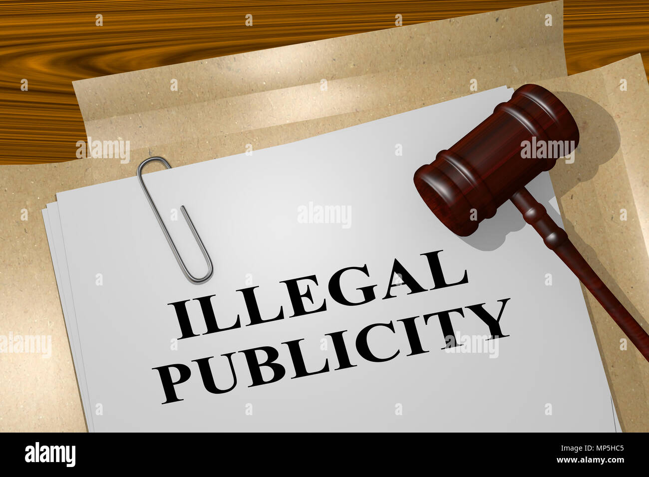 3D illustration of ILLEGAL PUBLICITY title on legal document Stock ...