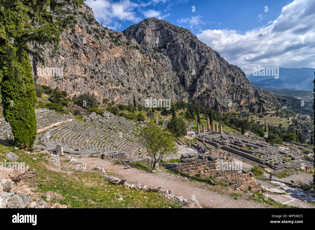 Delphi, Phocis - Greece. The ancient Theater of Delphi, the Temple of ...