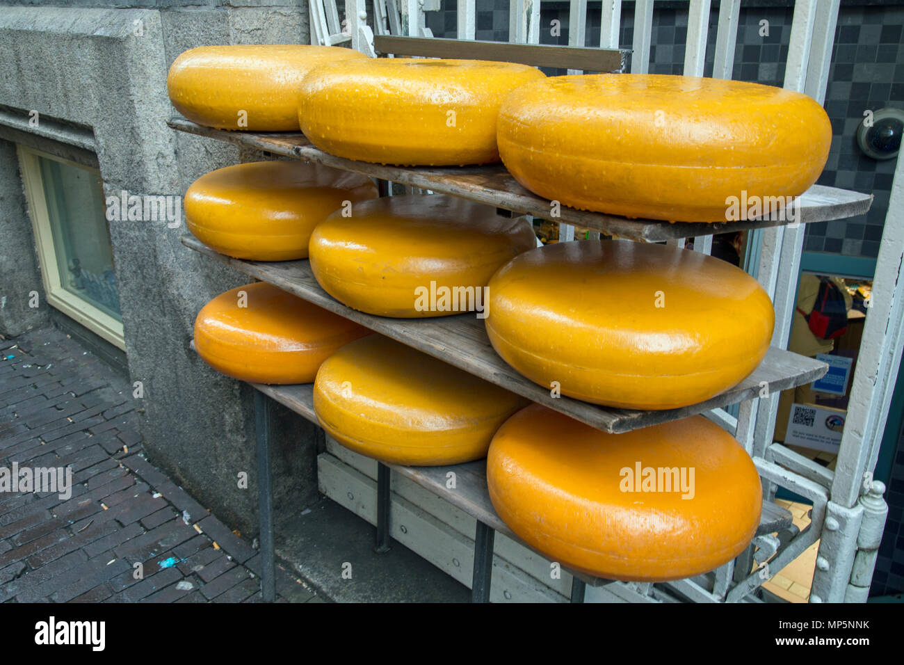 Amsterdam, Holland, April 2018, whole cheeses on display outside a ...