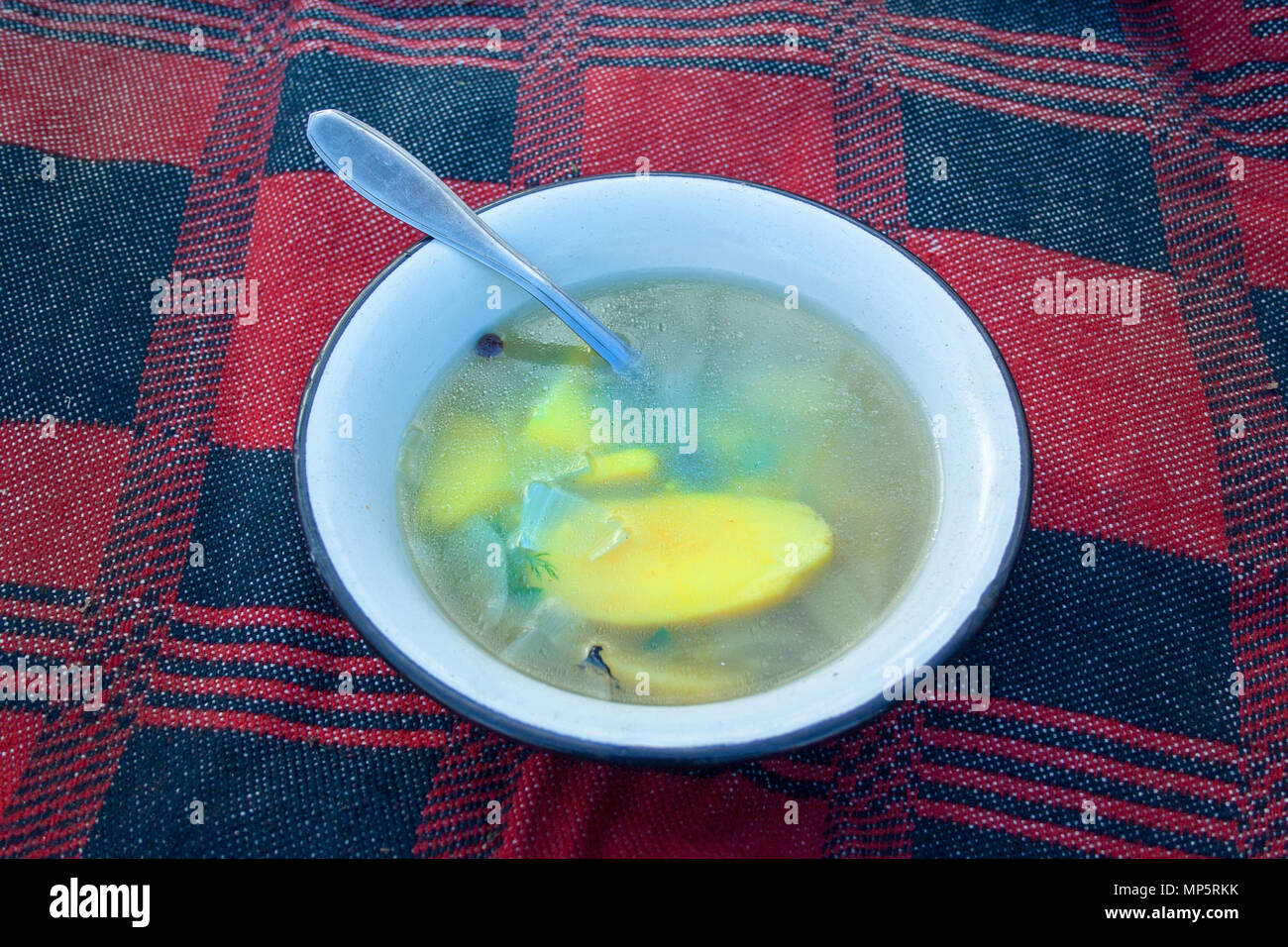 Fish soup with spoon in iron plat stands on plaid blanket Stock Photo ...