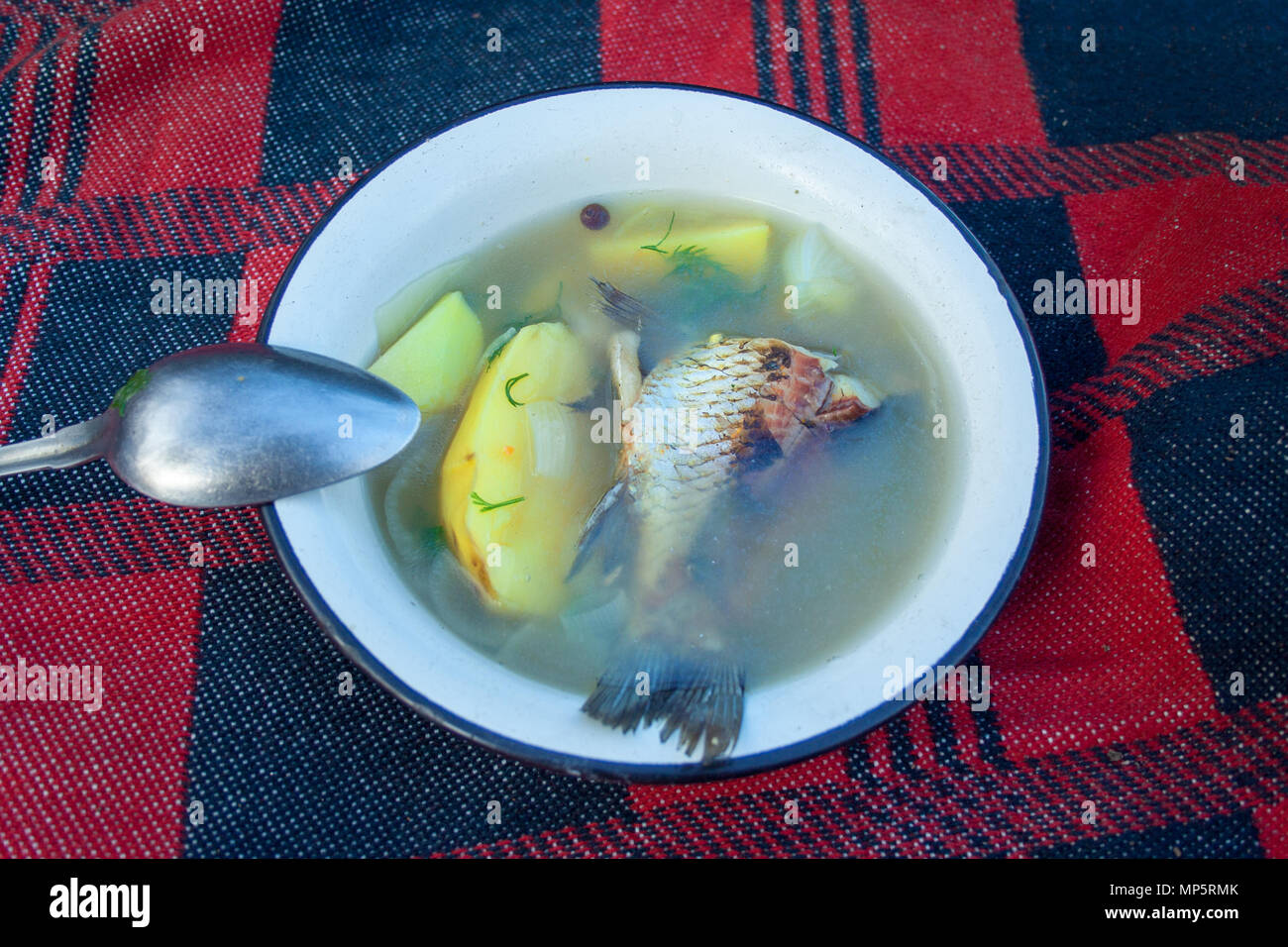 Fish soup with spoon in iron plat stands on plaid blanket Stock Photo ...