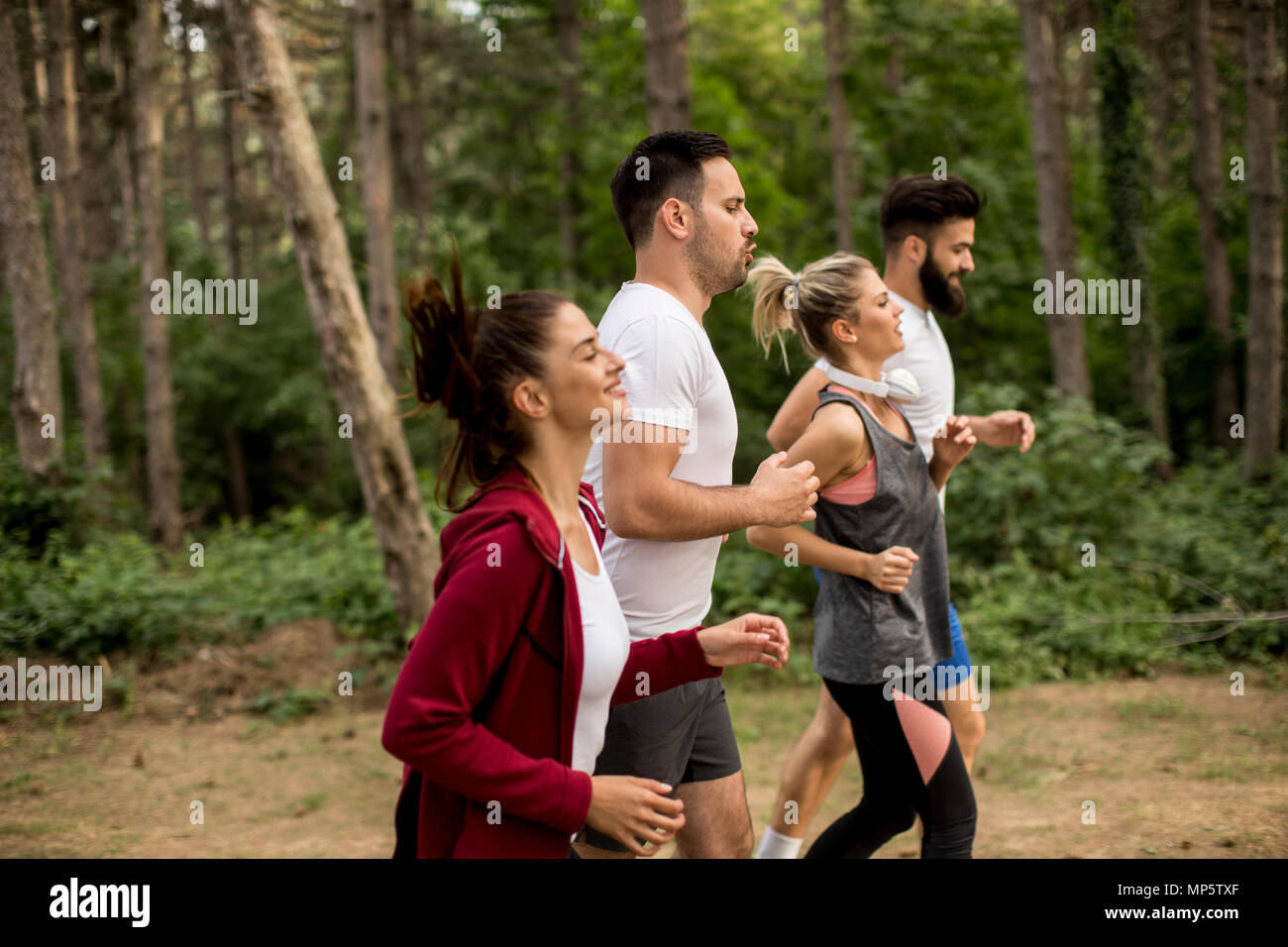 Group of young people run a marathon through the forest Stock Photo - Alamy