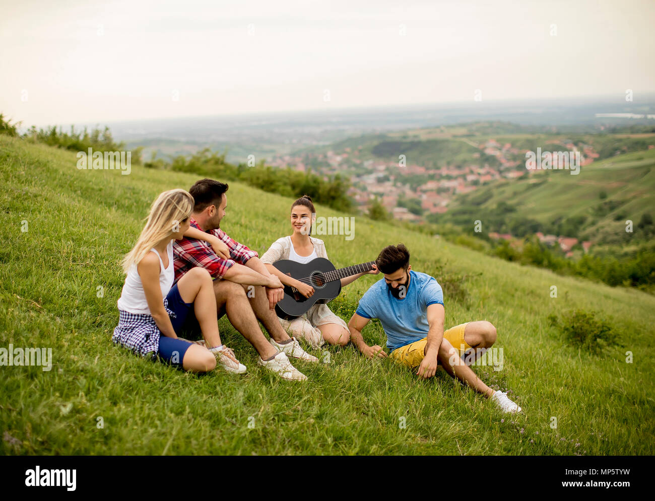 Group od young people having fun on a trip in nature on mountain Stock ...