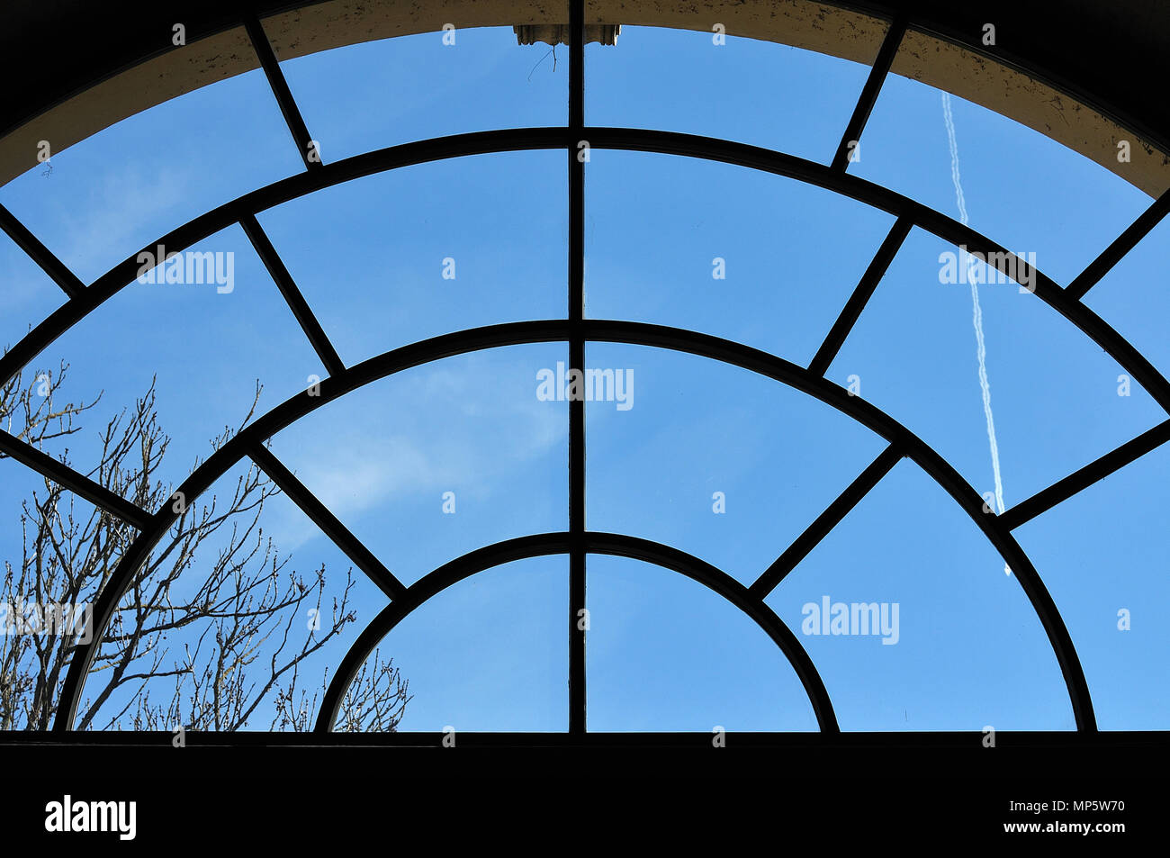 view through arched window with metal frame to blue sky and leafless ...