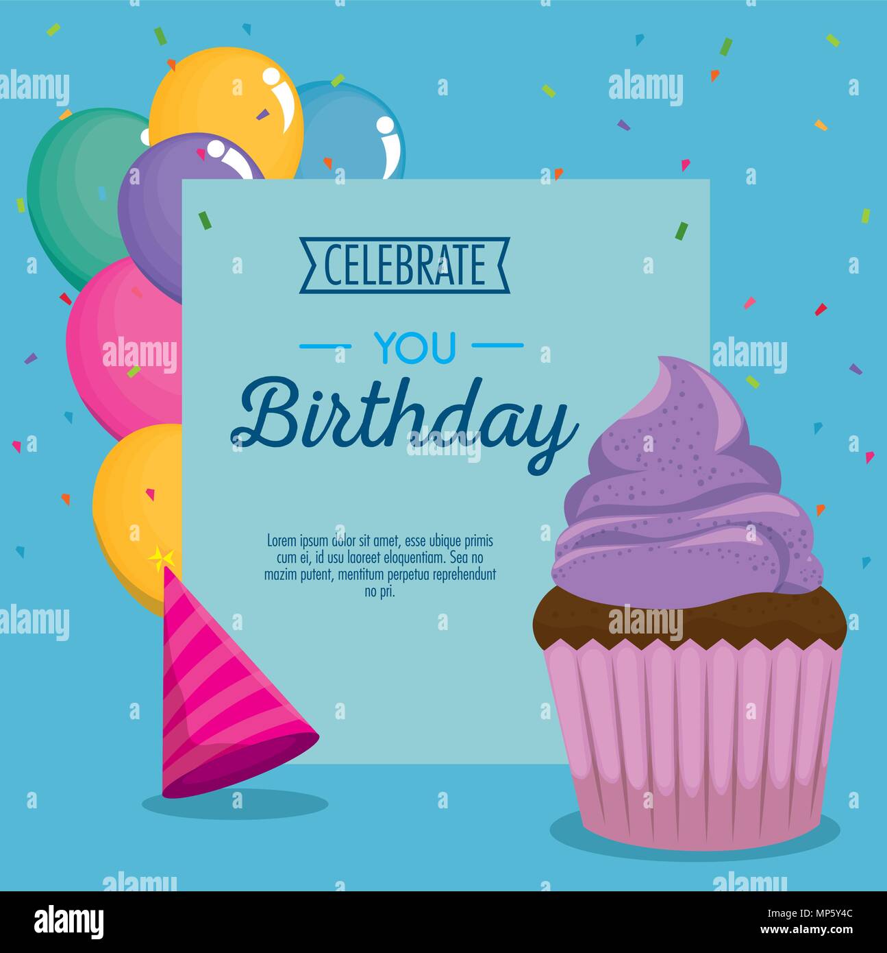 happy birthday card with cupcake and balloons air Stock Vector Image ...