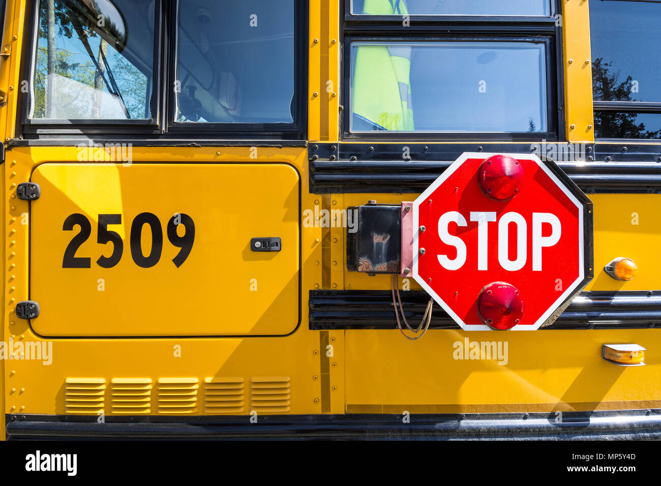 Stop sign on School bus, Hornby Island, BC, Canada Stock Photo - Alamy