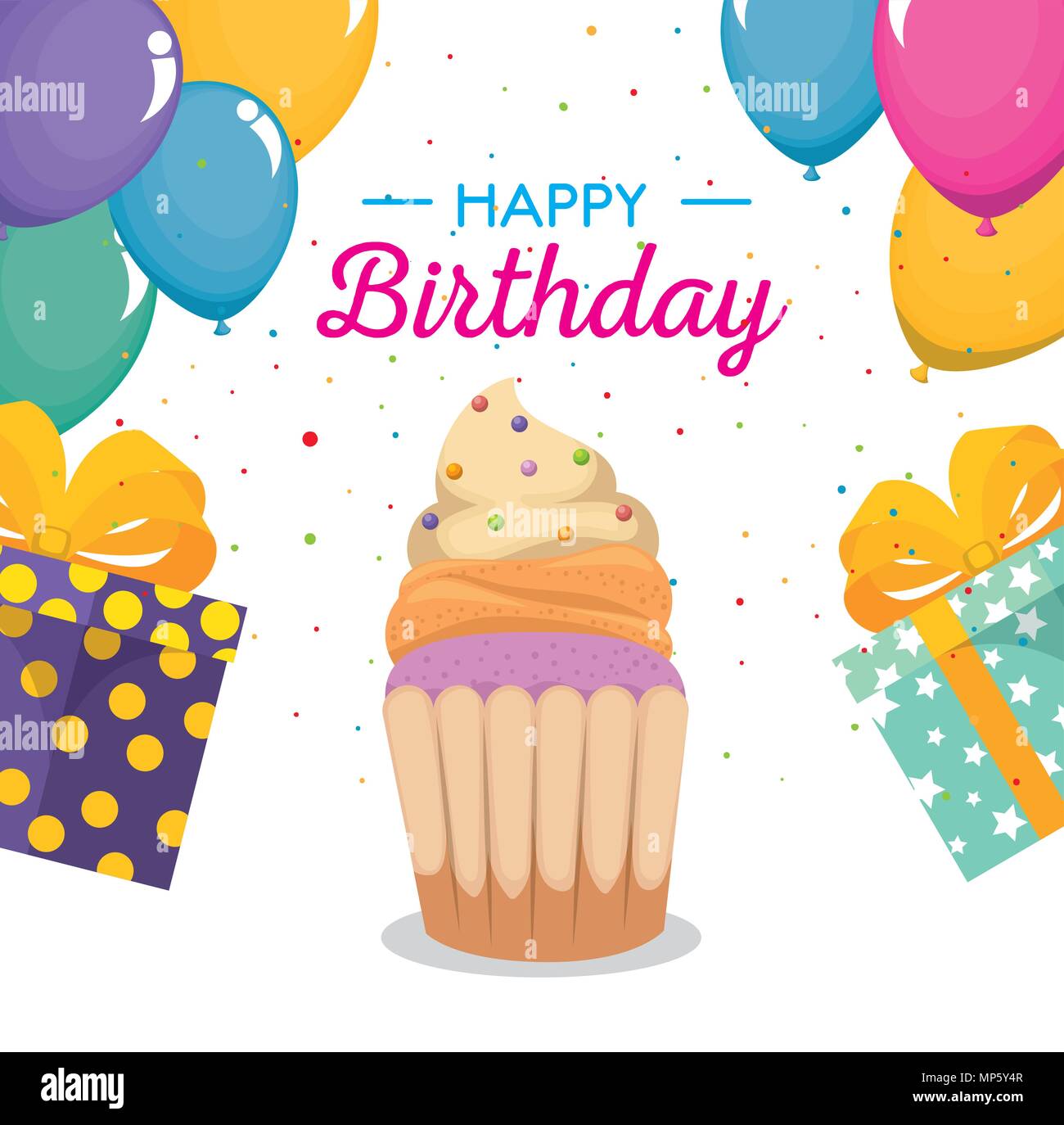 happy birthday card with cupcake and balloons air Stock Vector Image ...