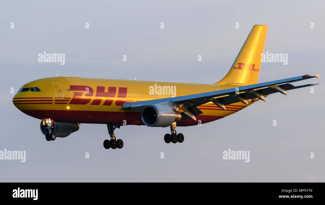 DHL Cargo Airbus A330 landing at London Heathrow Airport Stock Photo ...