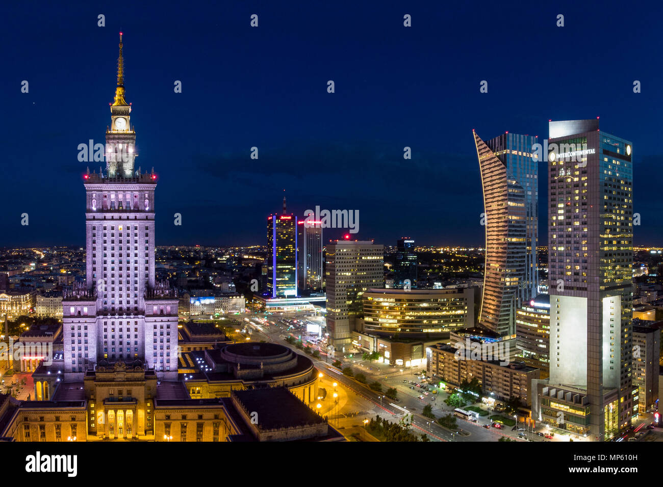 Warsaw skyline night drone hi-res stock photography and images - Alamy