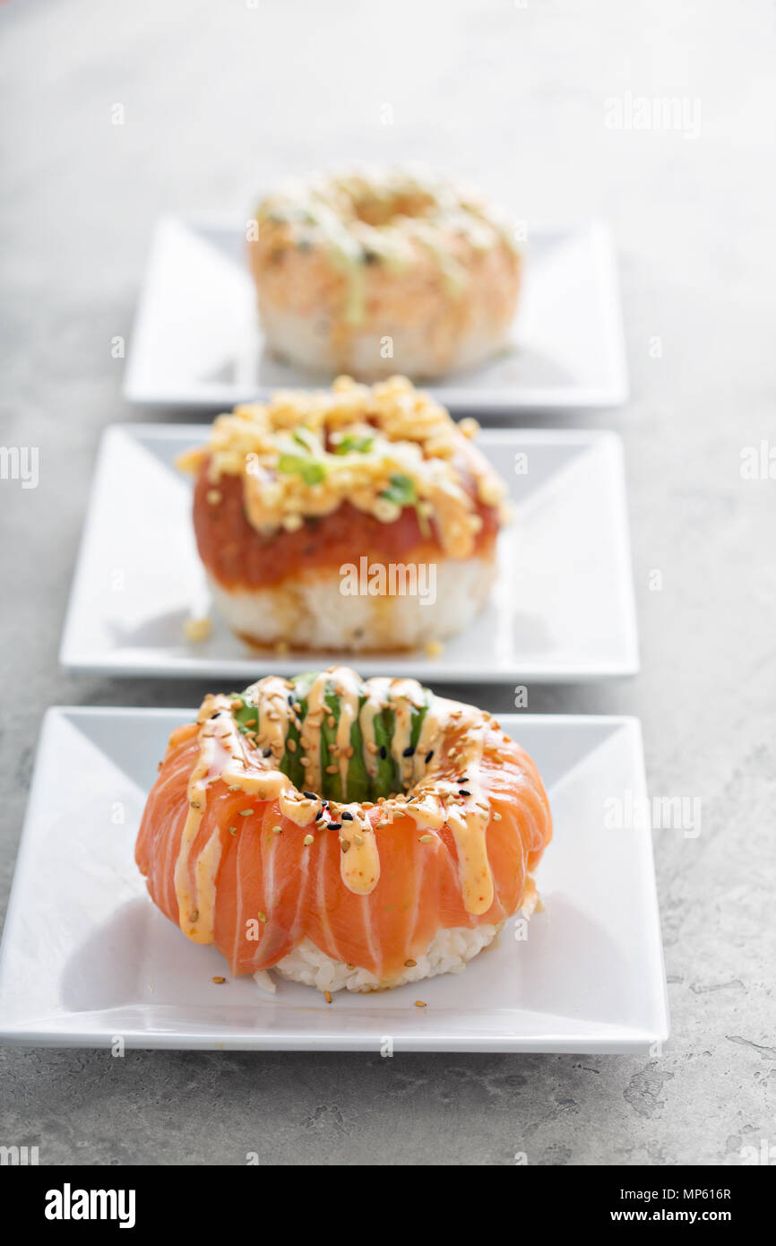 Sushi donuts with tuna and salmon Stock Photo - Alamy