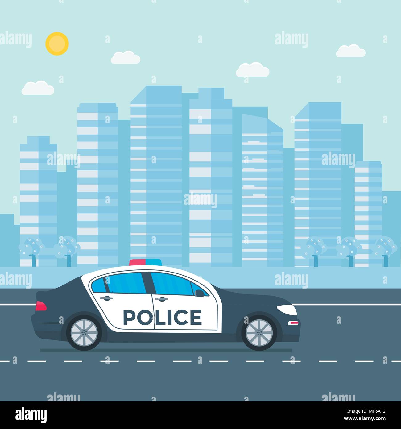 Police patrol on a road with police car, officer, city, nature ...