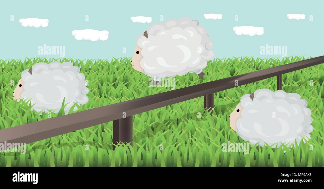Sheep grazing the grass Vector illustration. Spring background Stock ...