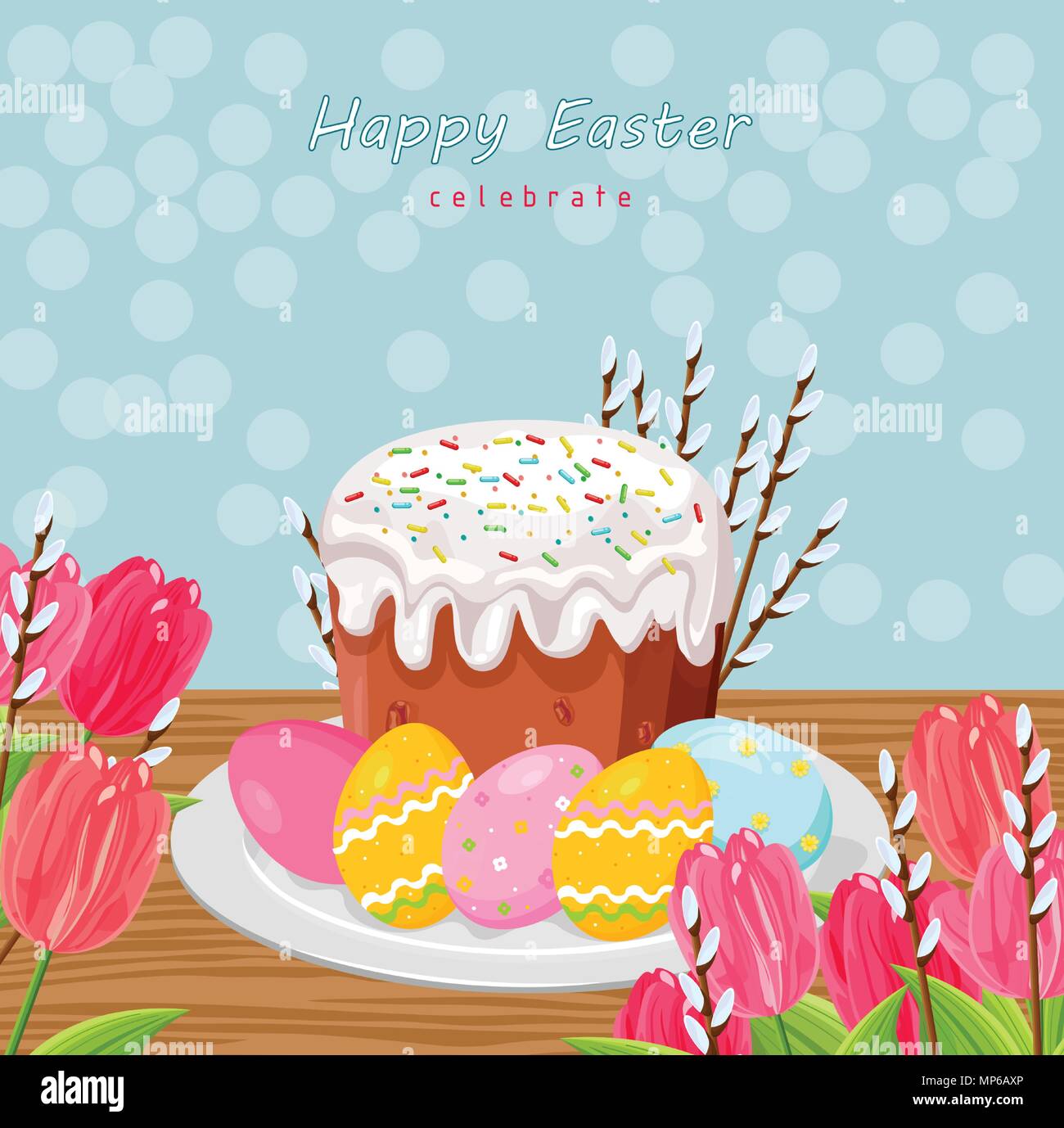 Easter holiday card with eggs and sweet bread Vector illustration Stock ...