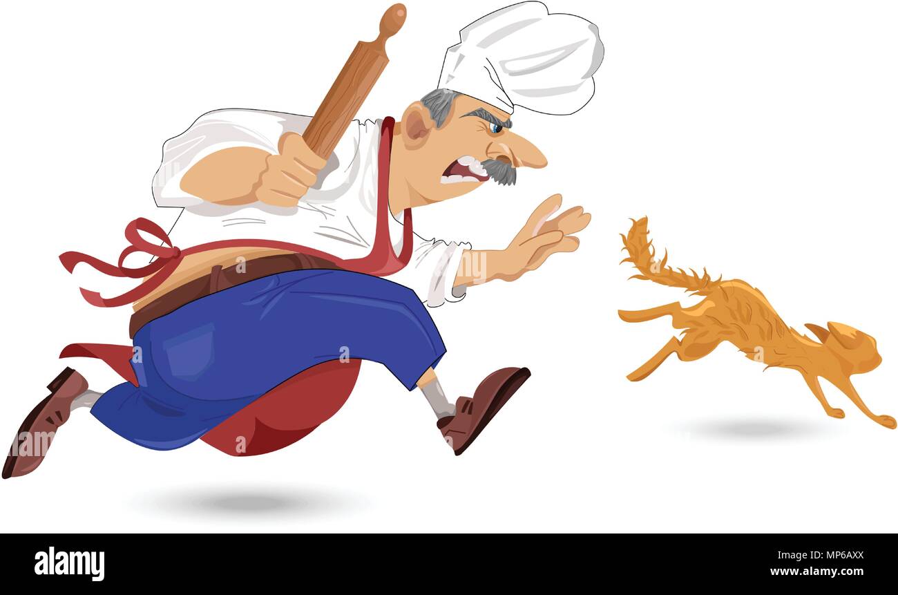 Chief cook chasing a cat Vector. Cartoon character. Outdoors restaurant ...