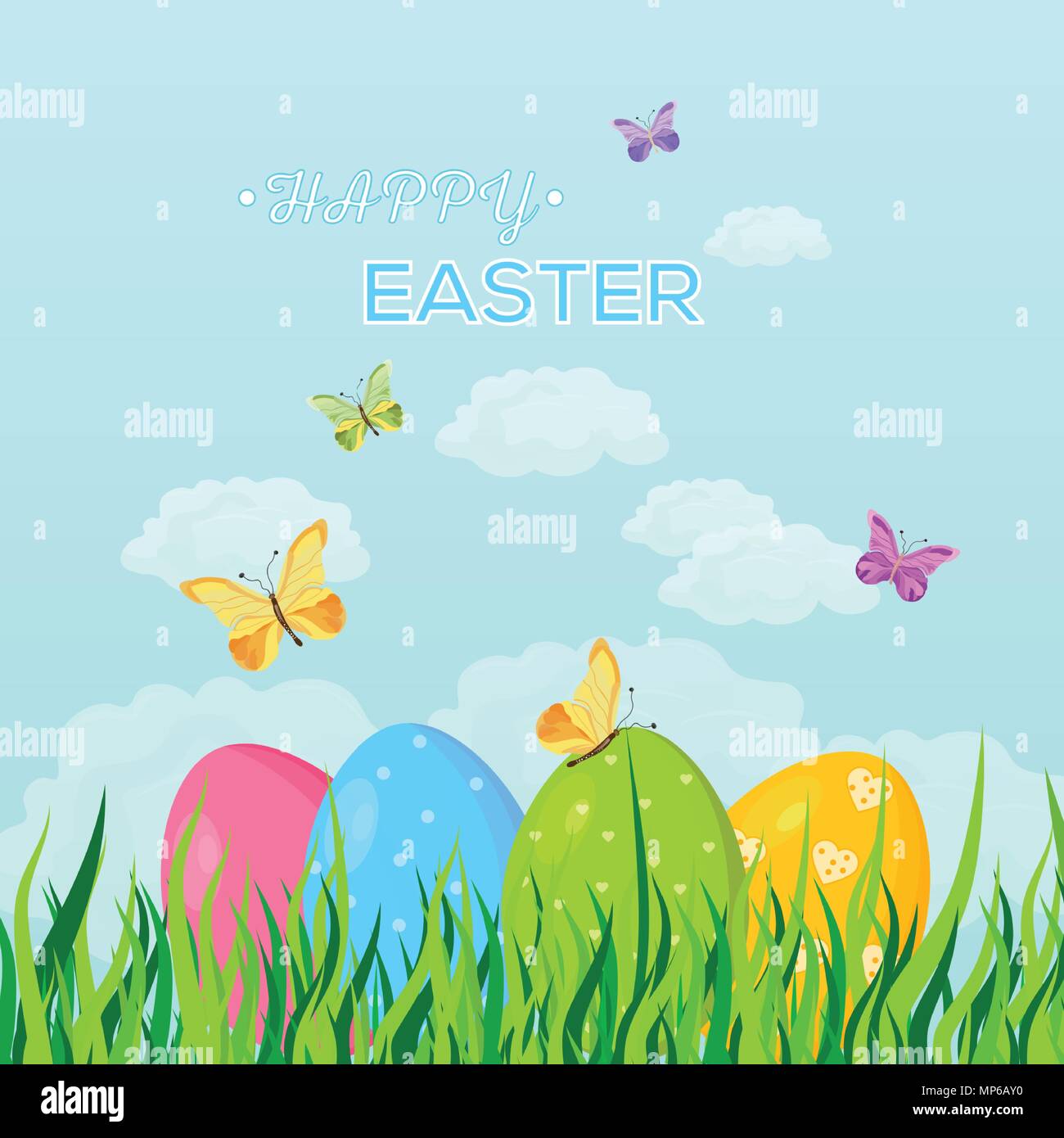 Happy Easter eggs card Vector. holiday green background and butterflies ...