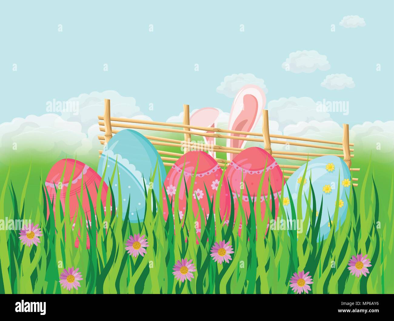 Easter holiday background with cute rabbit ears and eggs in the grass ...