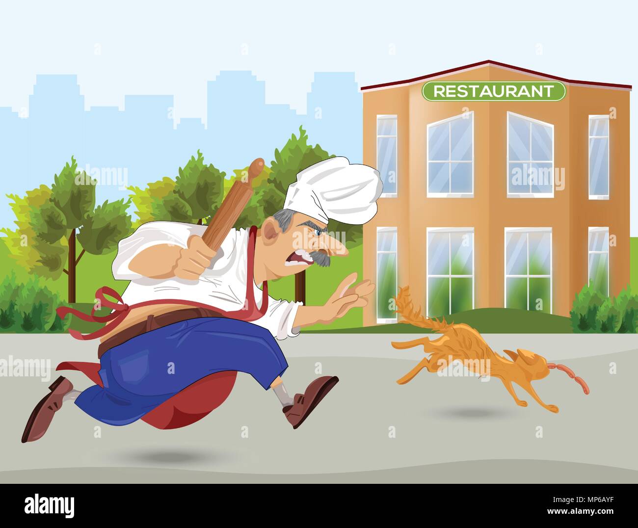 Chief cook chasing a cat Vector. Cartoon character. Outdoors restaurant ...