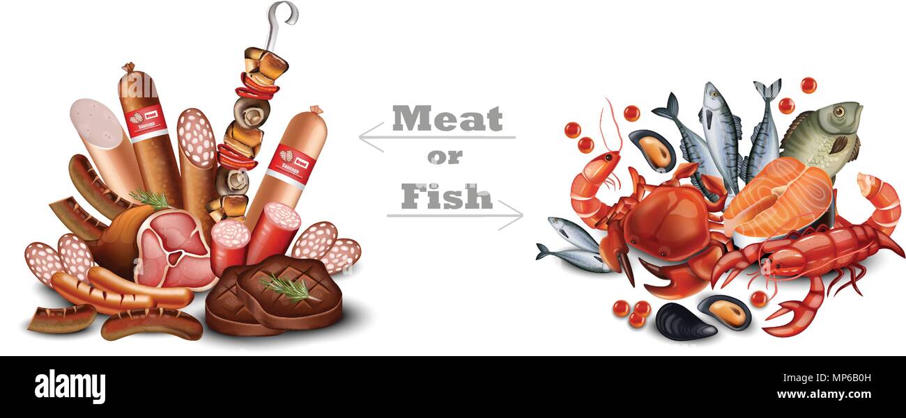 Set of meat vs seafood set Vector realistic detailed illustration. Meat ...