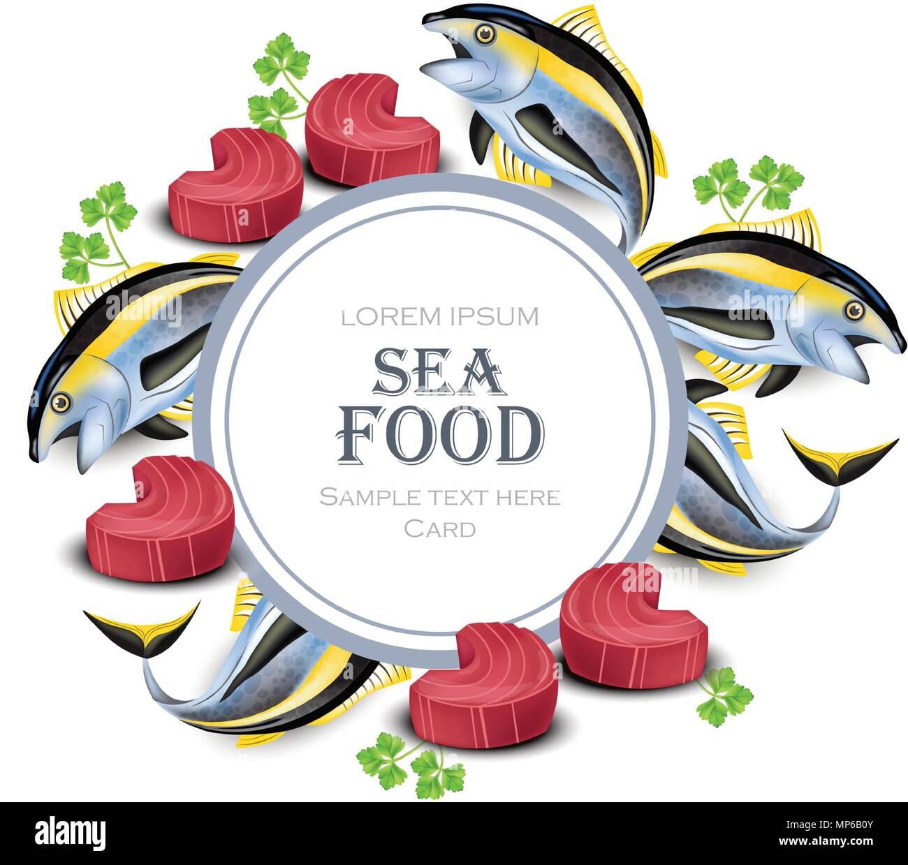 Tuna fish card Vector. realistic tuna steak seafood round frame ...