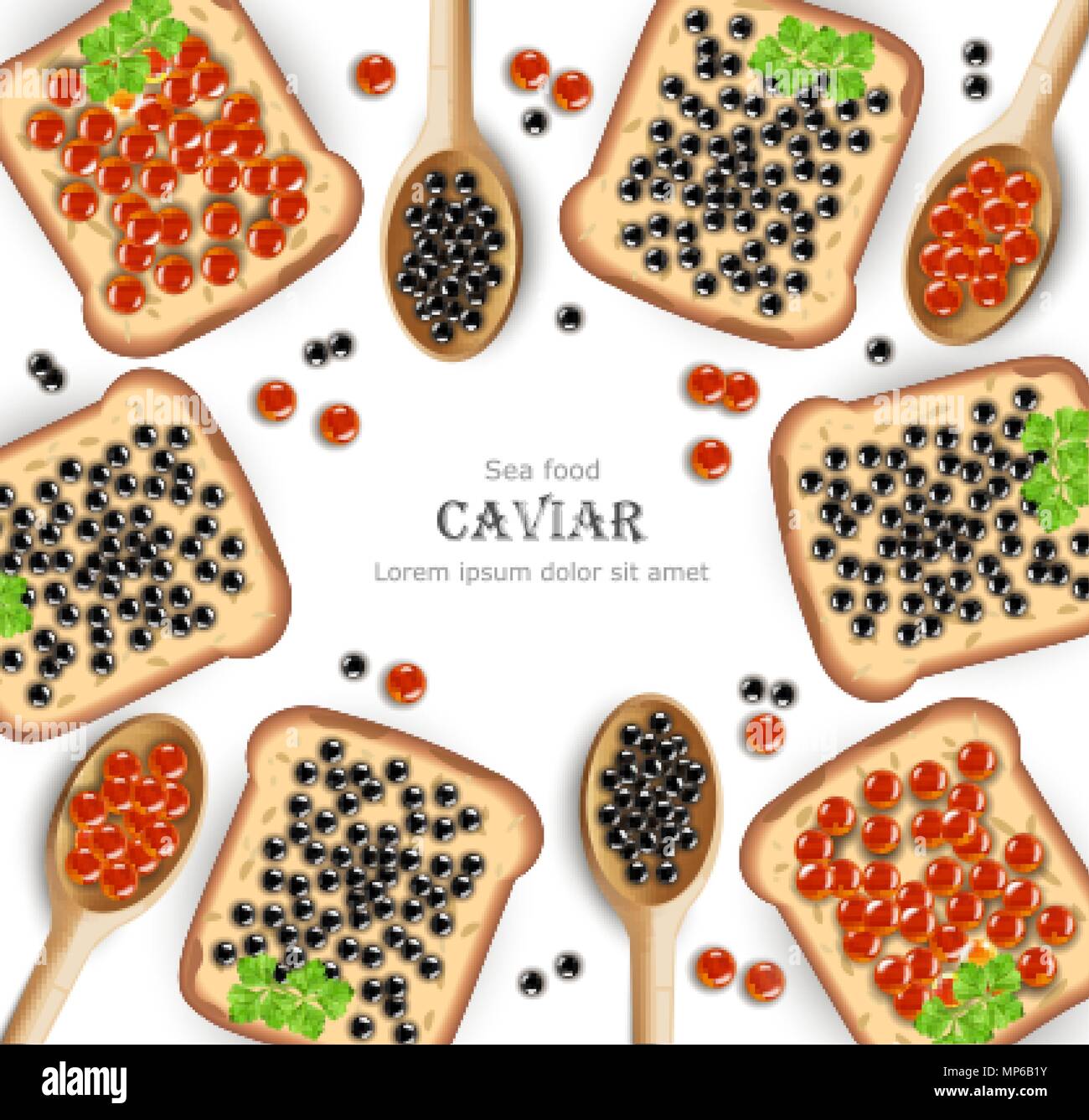 Caviar Vector realistic. Red and black caviar toasts. Top view 3d ...
