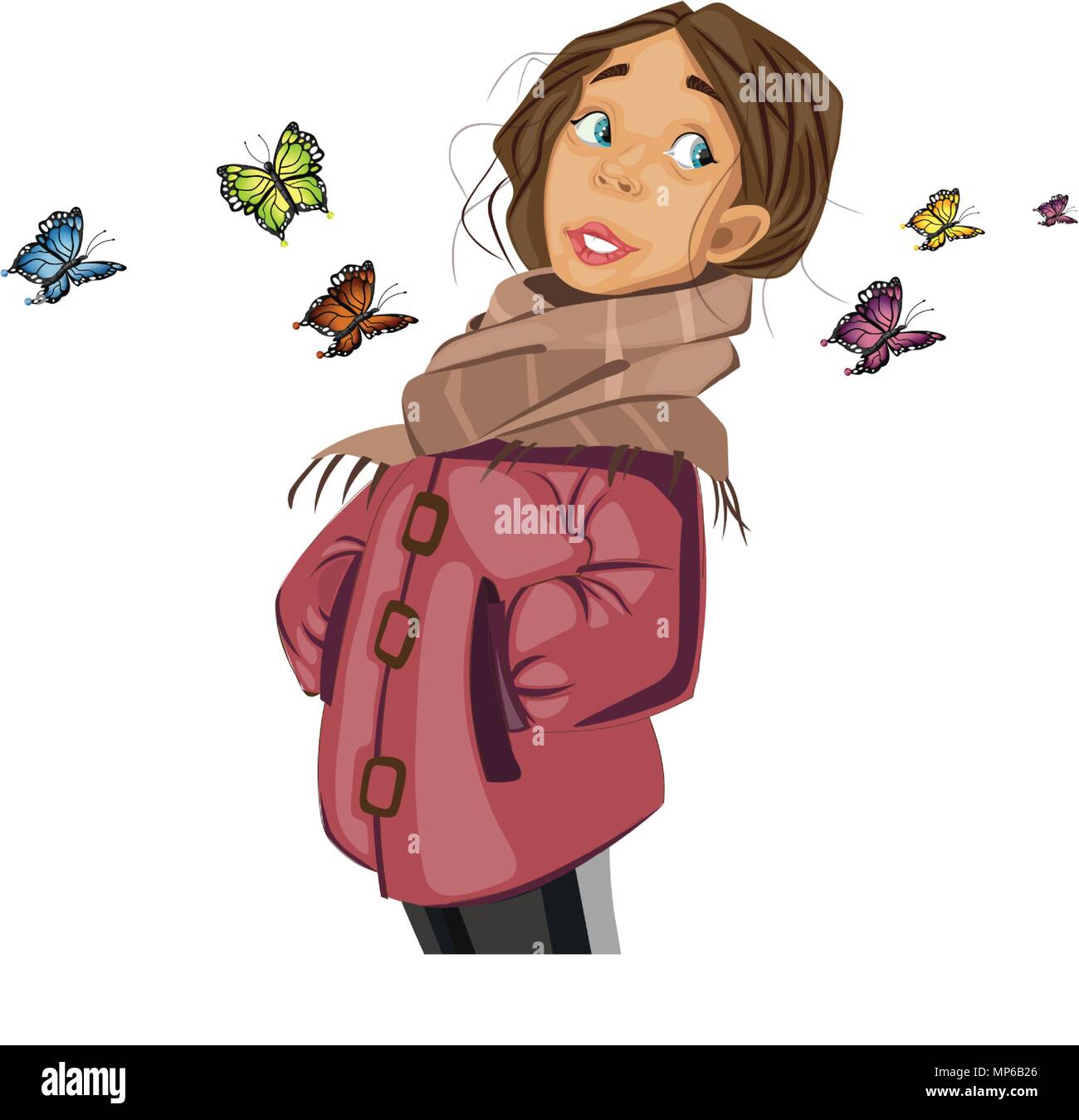 Teenage Girl cartoon character and butterflies Vector. Spring season ...