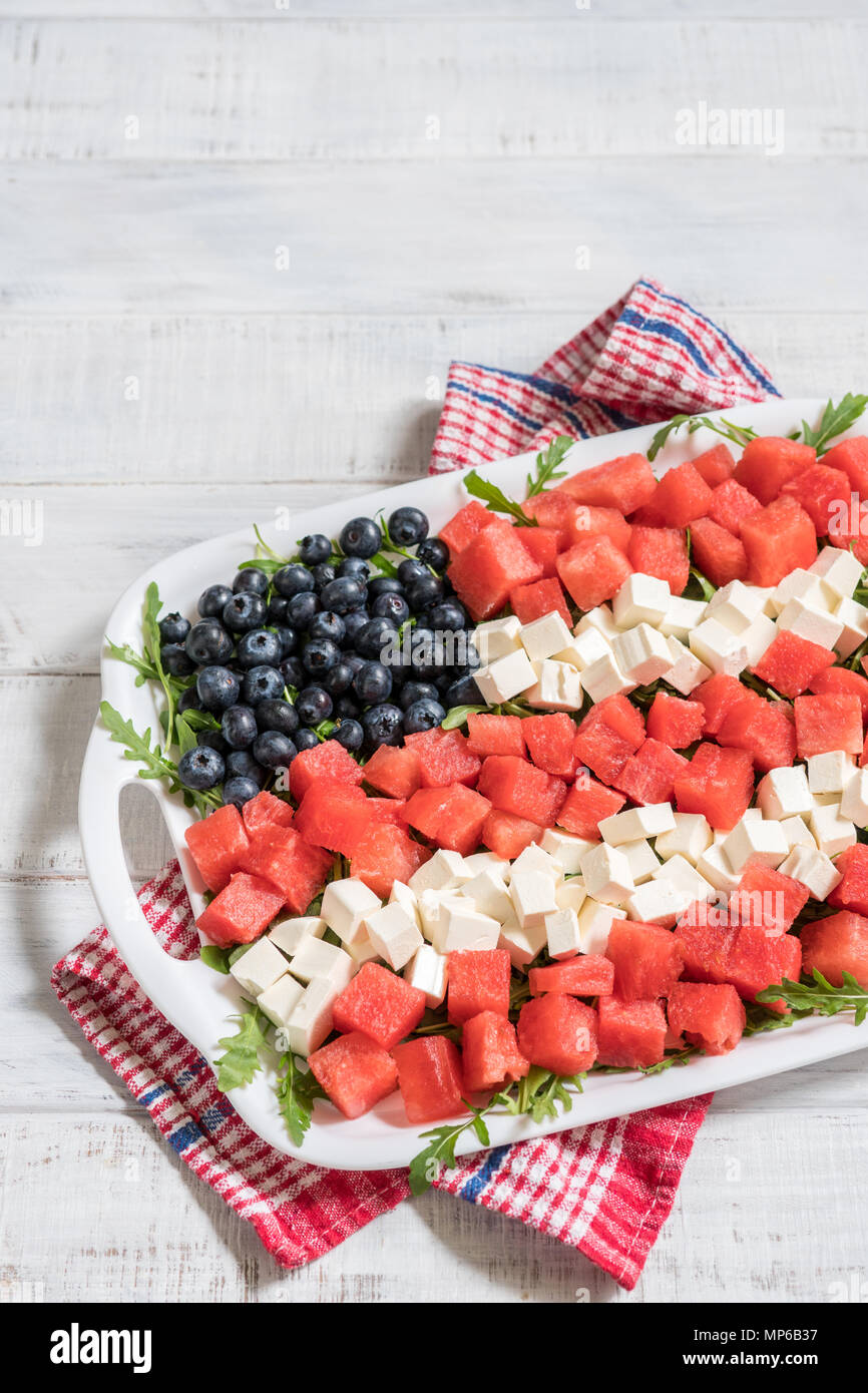 Patriotic American flag salad with blueberry, watermelon and feta on ...