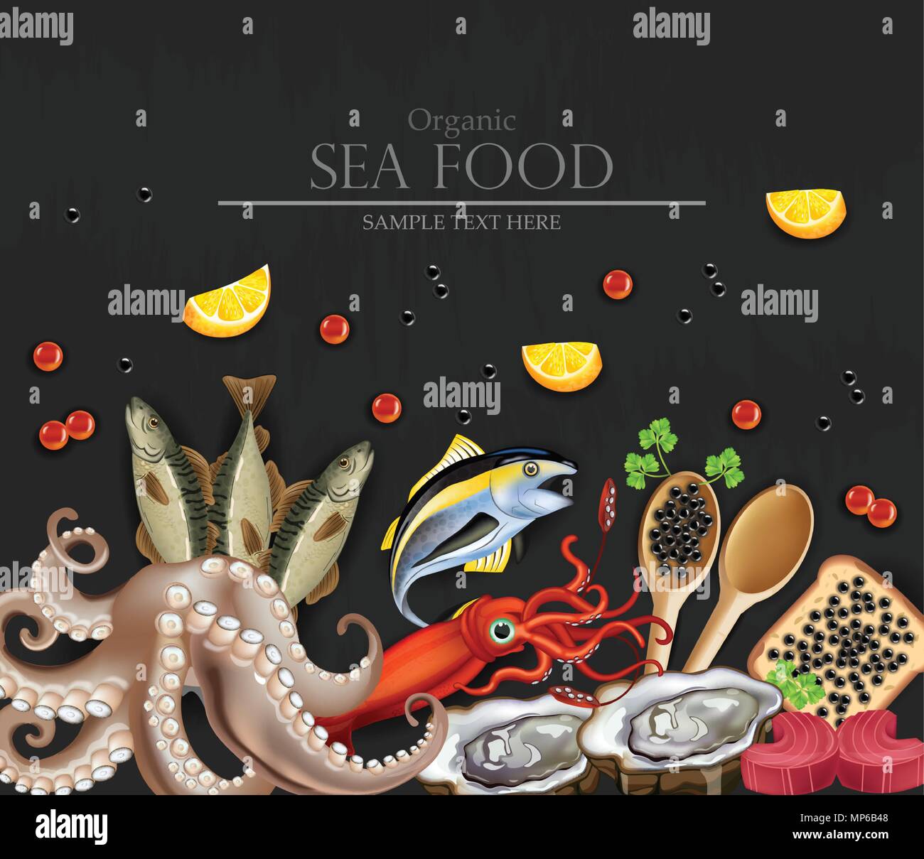 Tuna fish, caviar, squid, oysters and octopus seafood banner. Template ...