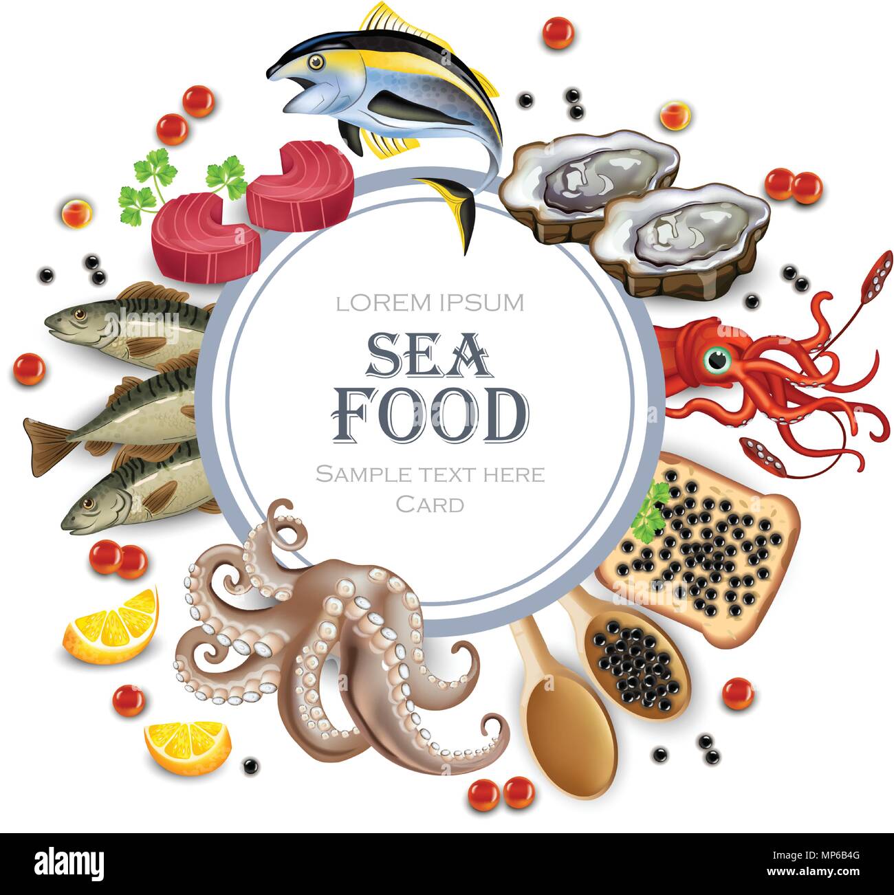 Tuna fish, caviar, squid, oysters and octopus seafood round banner ...