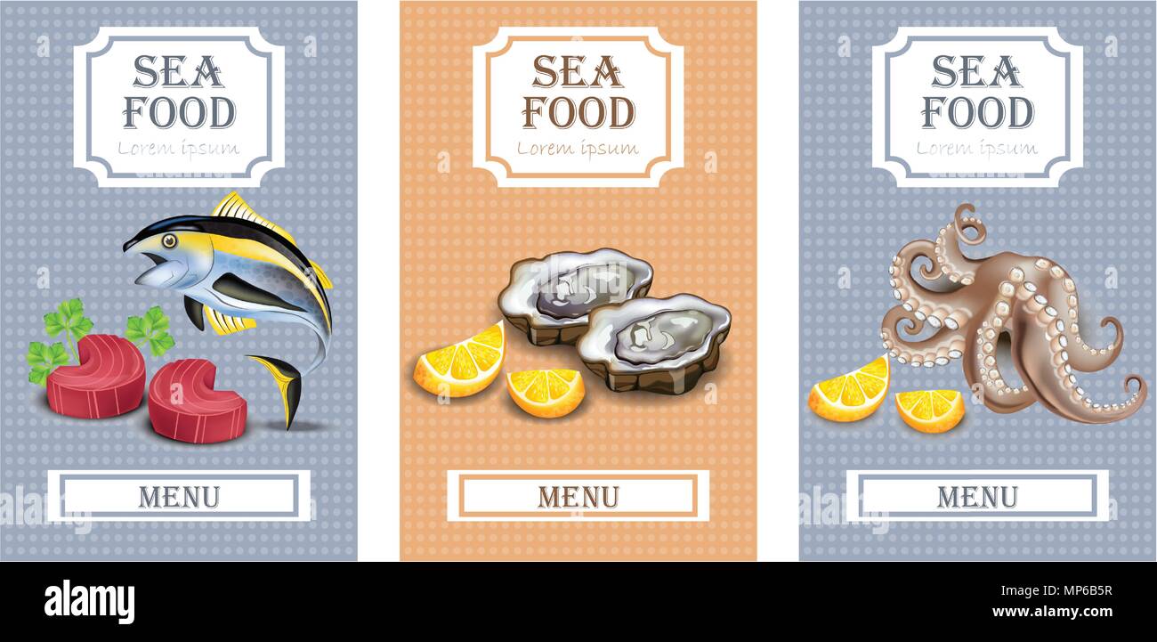 Sea food menu card Vector realistic. Layout Template with oysters, tuna ...