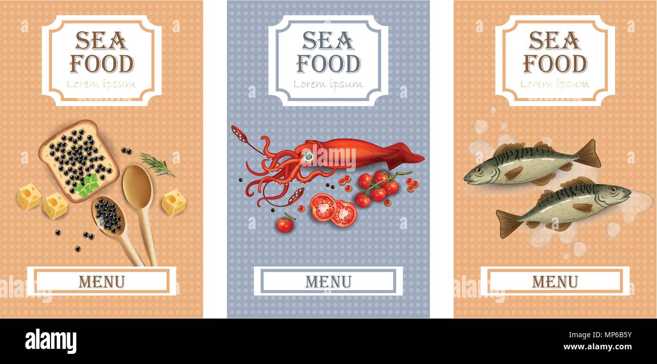 Sea food menu cards Vector realistic. Layout Template with fish, squid ...