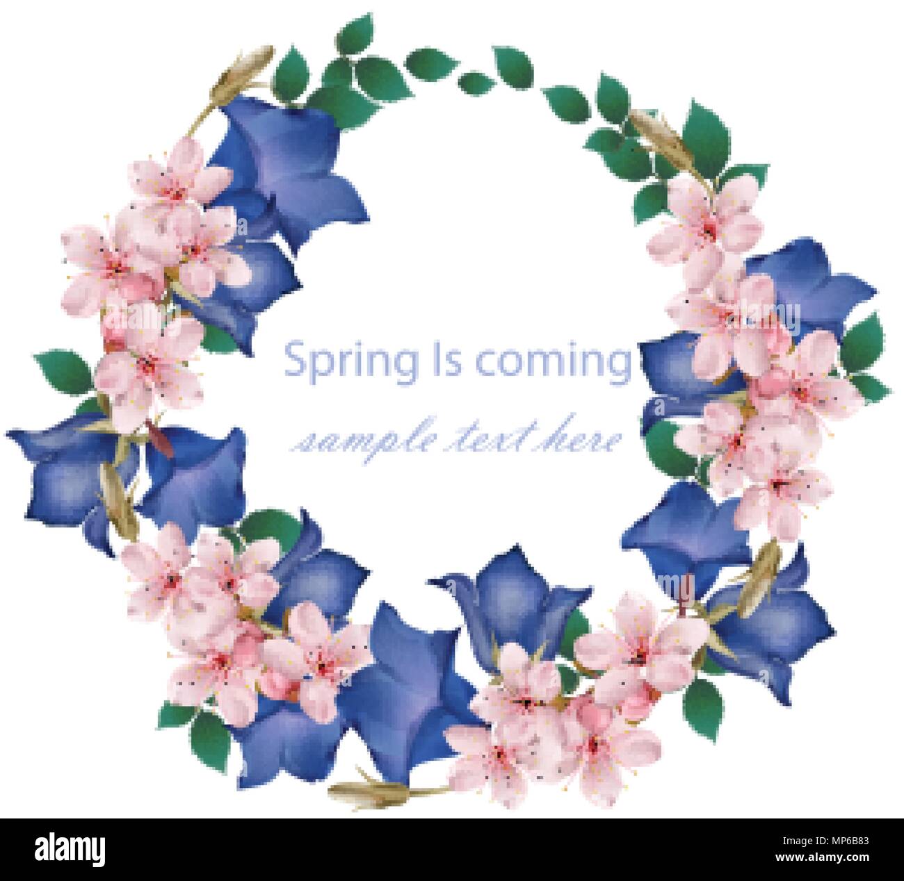 Spring is coming card with cherry flowers wreath Vector. Realistic ...