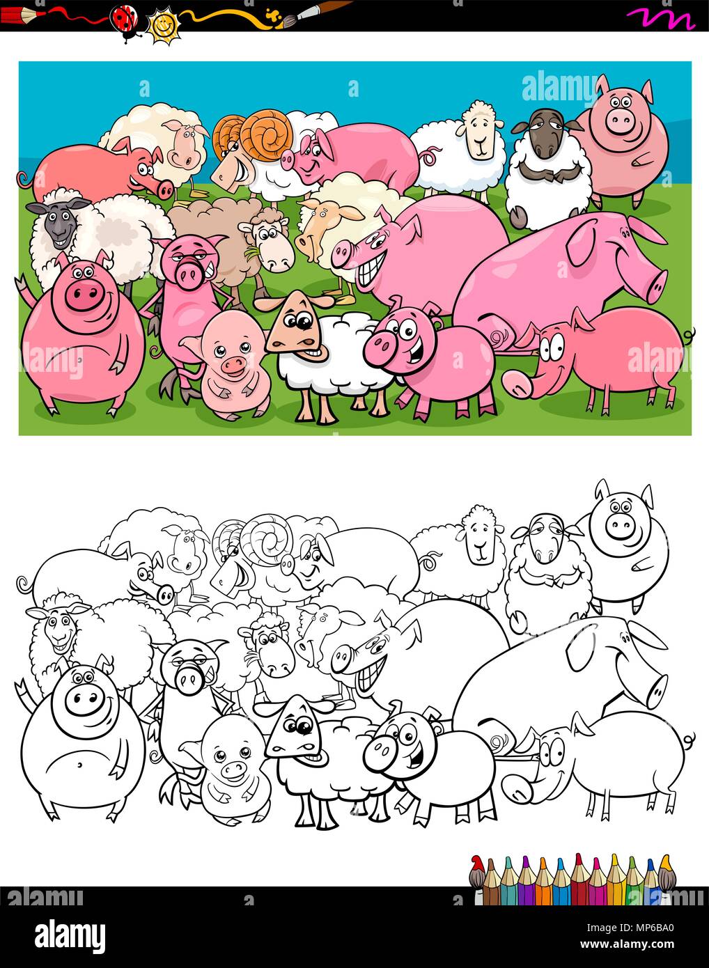 Cartoon Illustration of Pigs and Sheep Farm Animal Characters Group ...