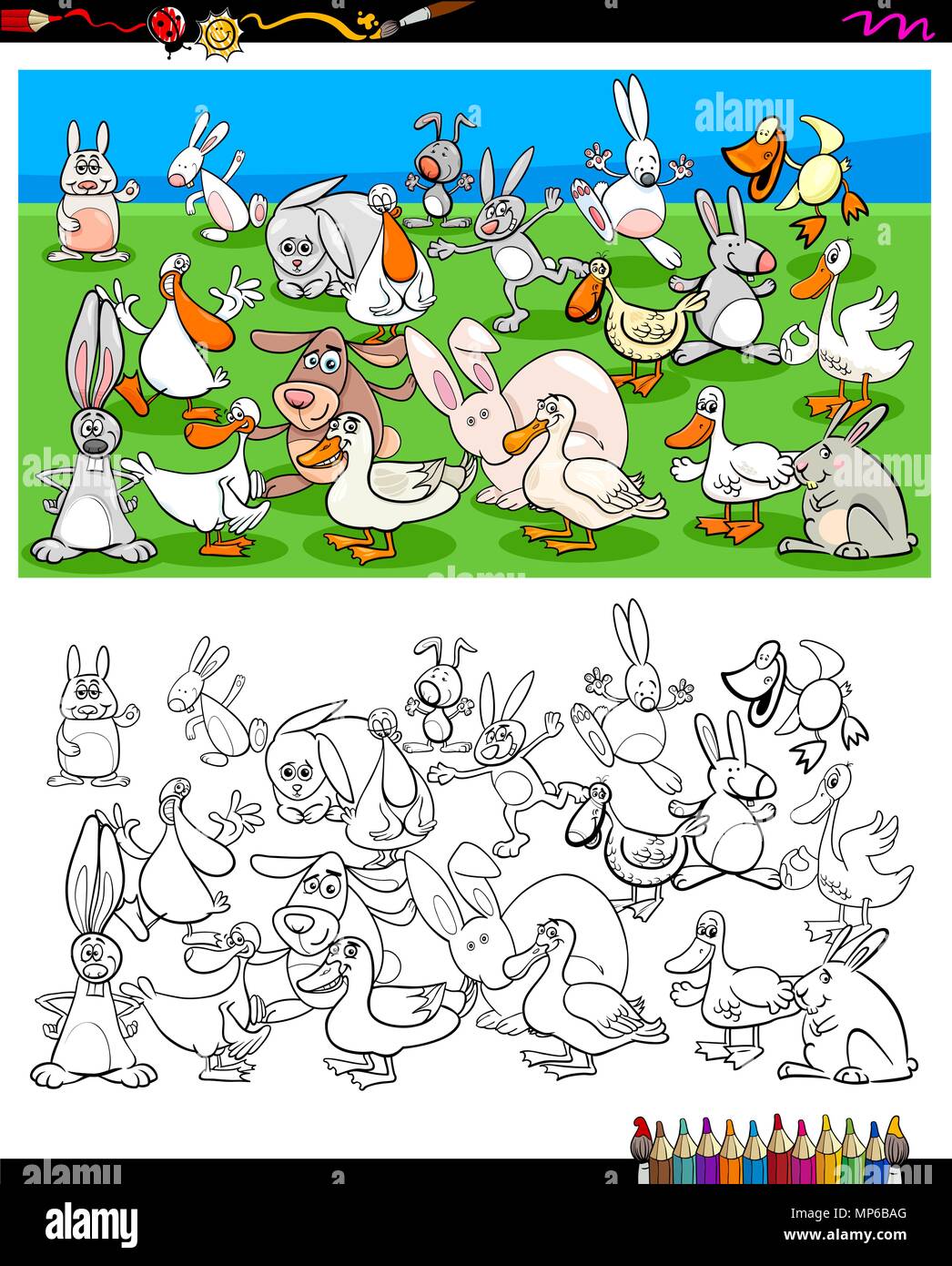 Cartoon Illustration of Ducks and Rabbits Farm Animal Characters Group ...