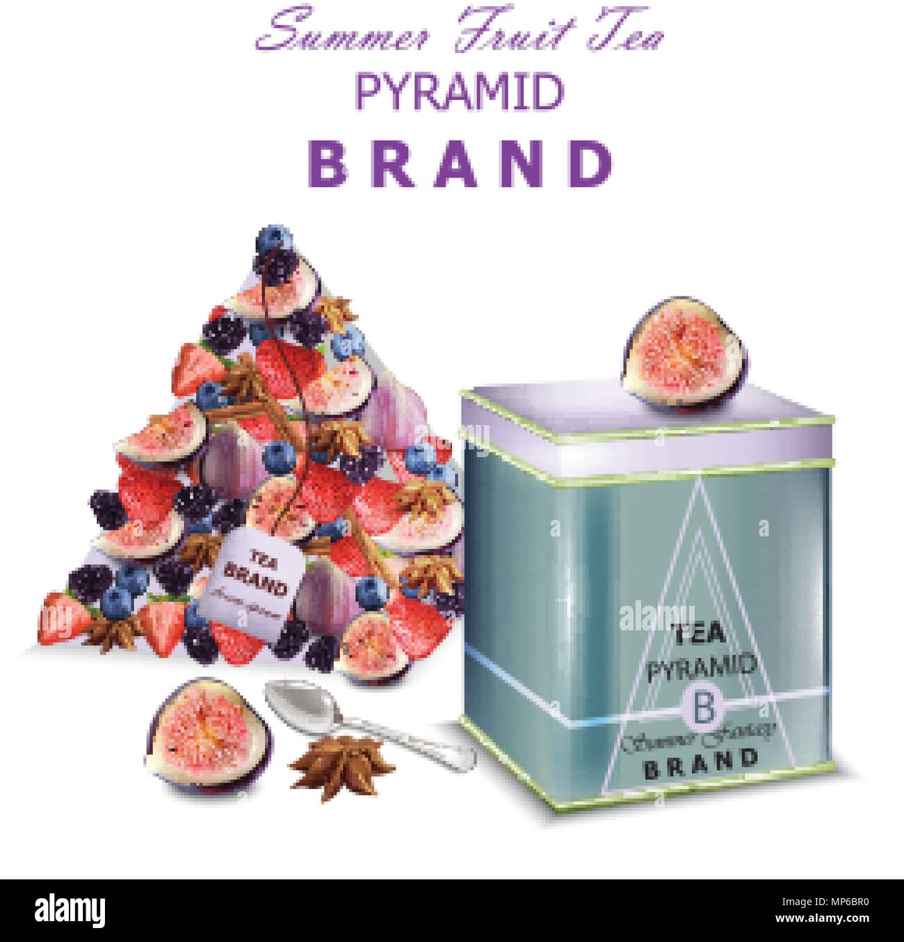 Fruits tea Vector realistic packaging. Pyramid design fresh fruits ...